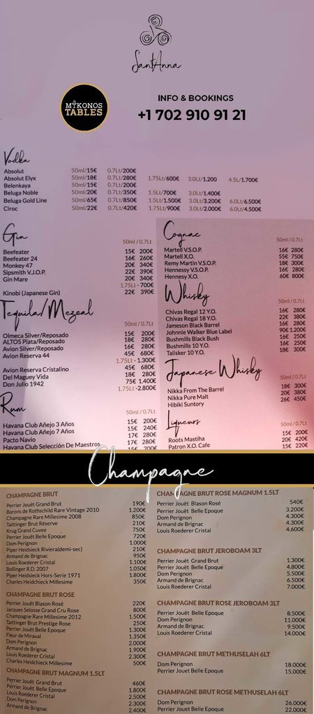 SantAnna Mykonos Bottle Menu
